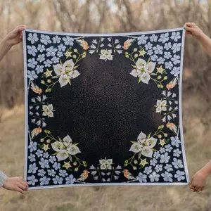 MATTY MILLER STUDIO 100% Silk Scarf Black Gentianfloral Bird Design